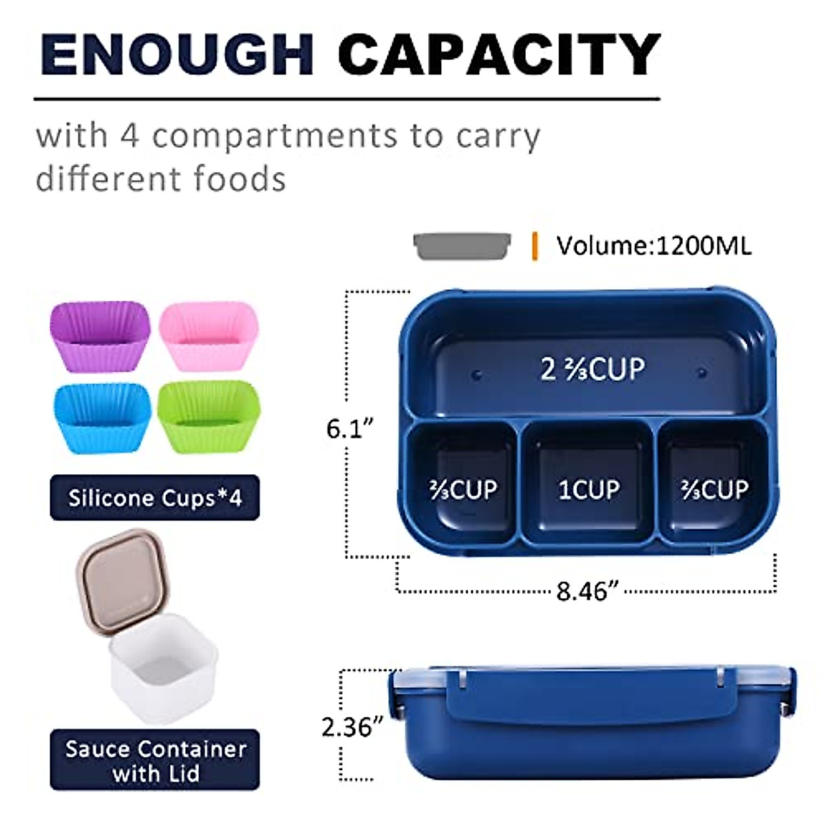 QQKO Bento Box Adult Lunch Box, Lunch Containers for Adults, 1200 ML Food Container With 4 Compartments, Including 4 Muffin Cups, Utensils Set, Sauce Jar, Leak-Proof, Microwave, Dishwasher Safe, Blue