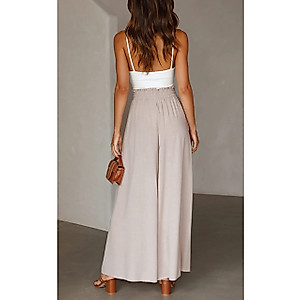 Watashi Women's Wide Leg High Waisted Pants Palazzo Elastic Flowy Loose Culotte Trouser(Apricot-XL)