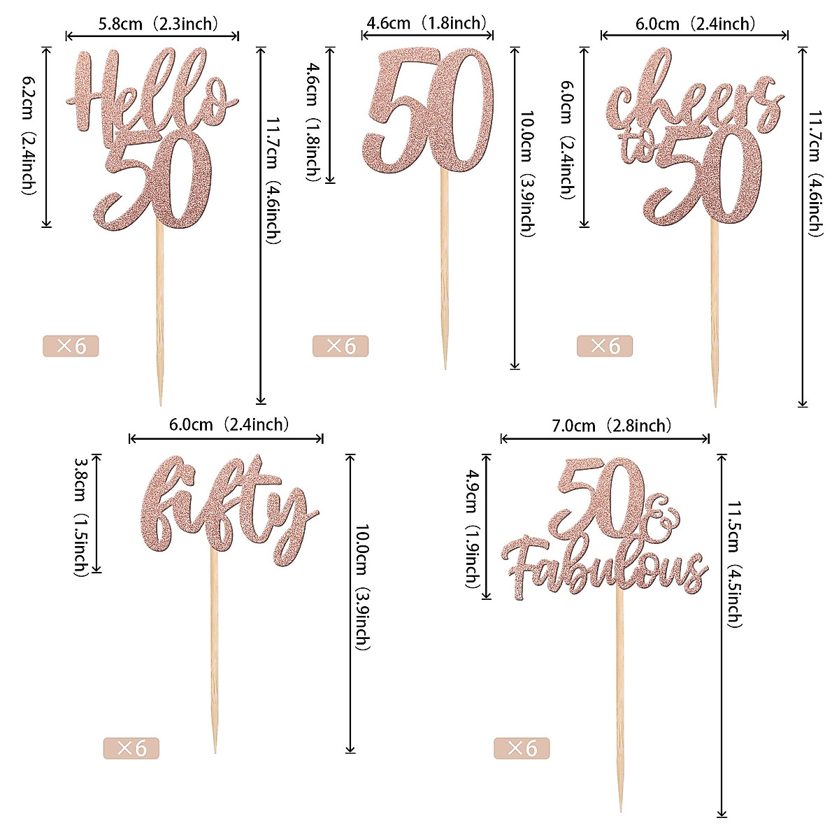 30PCS 50th Birthday Cupcake Toppers Glitter Fifty Hello 50 Cupcake Picks Cheers to 50 Fabulous Cake Decoration for Happy 50th Birthday Wedding Anniversary Party Decorations Supplies Rose Gold