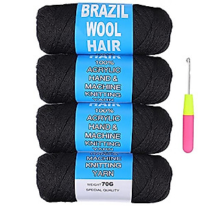 COOKOO 4 Roll Natural Black Brazilian Wool Hair Acrylic Yarn for African Crochet Hair Jumbo Braids Senegalese Twisting Knitting Hair Braids Faux locs Spiral Corkscrews Braids Twist Wraps 70G/Roll(1B#)