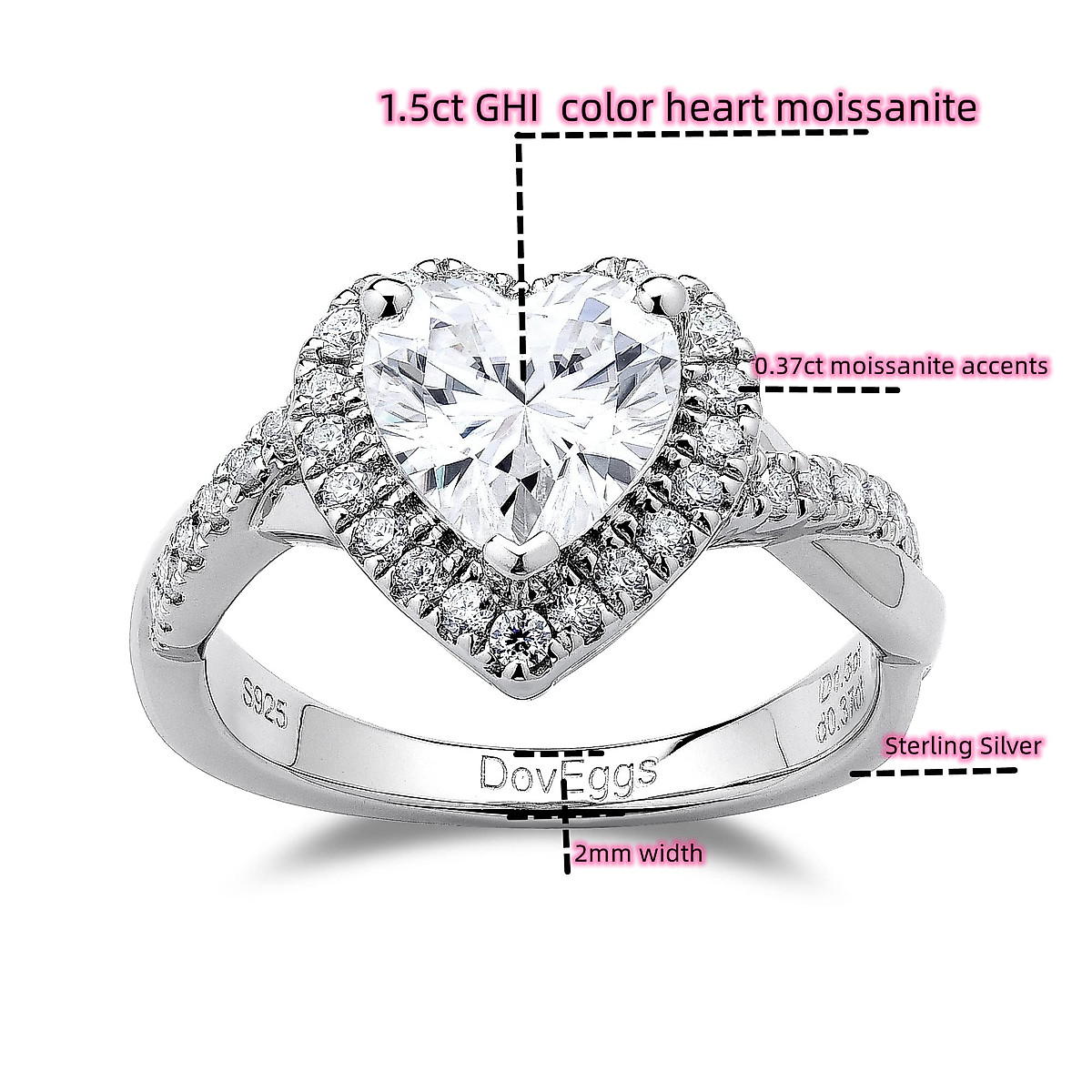 DovEggs Sterling Silver 1.5ct Center 7.5mm G-H-I Color Heart shape Cut Moissanite Petite Twisted Vine Simulated Halo Engagement Ring Solitare with Accents Band Width 2.2mm（5.5）