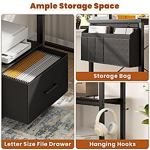 Homieasy Small Computer Desk with File Drawer Cabinet, L Shaped Office Desk with Printer Stand & Monitor Stand, 39 Inch Gaming Desk with Power Outlets Led Light Storage Bag Hanging Hooks, Black