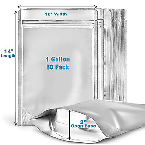 One Gallon Resealable 4.7 ml Mylar Bags, 50 Unit Set with 300cc Oxygen Absorbers and Labels; Thick and Heat Sealable. Food Storage Done Easy!