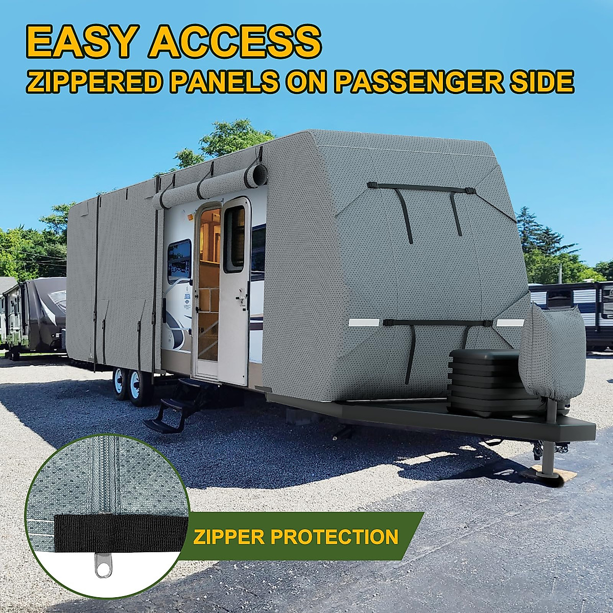 Mofeez Travel Trailer RV Cover, Extra-Thick Upgraded 5 Layers for Camper Cover 24'-27' Windproof Waterproof Rip-Stop RV Covers with Adhesive Repair Patches, 2Pcs Extra Straps & 4 Tire Covers