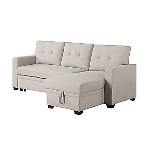 L Shaped Convertible Sleeper Sectional Sofa with Storage Chaise and Pull-Out Bed, Linen Upholstered Reversible Corner Couch w/Detachable Backrest for Living Room, Apartment, 3 Seater Home Furniture