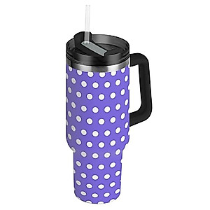 Flradish 30oz Tumbler with Handle, Polka Dots Purple White Stainless Steel Tumbler with Lid and Straws Double Wall Vacuum Insulated Leakproof Coffee Travel Mug