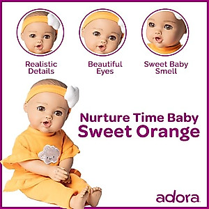 Adora Nurture Time Babies Collection, 13" Baby Doll and Clothes Set with 3 Touch Activated Features Includes Removable Cloud Patterned Outfit, Doll Bottle, Birthday Gift For Ages 1+ - Sweet Orange