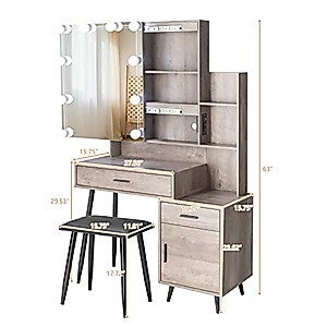 3-color Lighted Mirror Cabinet with Stool - Vanity Desk and Cushioned Chair - Sliding Mirror Makeup Desk - 2 Drawers 1 Door Cabinet 2 Shelves - Charging Station - Screen Touch Switch - Retro Grey
