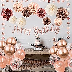 Rose Gold Party Decorations Set 30 Piece Party Supplies with Balloons, Paper Pom Poms, Paper Garland for Wedding, Bridal, and Baby Shower, Birthday Party
