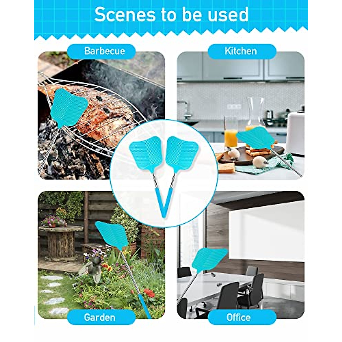 Wapodeai 2 Pack Fly Swatters Heavy Duty Set, Fly Swatter, Telescopic Fly Swatters, Stainless Steel Handle for Flyswatter. (Blue)