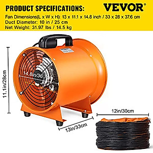 VEVOR Utility Blower Fan 10 inch with 10M Duct Hose,250MM Portable Ventilator,0.45HP 1520 CFM High Velocity Utility Blower,Mighty Mini Low Noise,for Factories Basements Shipyards Farm
