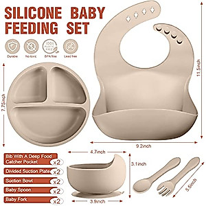 Potchen 10 Pack Silicone Baby Feeding Set, Toddlers Led Weaning Supplies with Suction Bowl Divided Plate Adjustable Bib Soft Spoon Fork, Infant Self Eating Utensil Set (Beige, Orange)