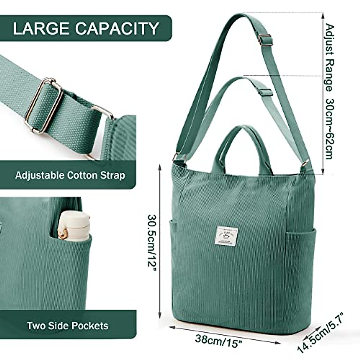 KALIDI Corduroy Tote Bag, Zipper Messenger Bag Shoulder Hobo Anti Splash Crossbody Bag Casual Work Shopping Women Frost Green