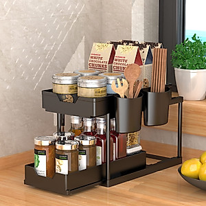 2-Tier Under Sink Organizer, Double Sliding Cabinet Storage Drawer, Storage Pull For Home Bathroom Kitchen Pantry Office, with 4 Hooks 2 Hanging Cups 4 Dividers 4 Non-Slip Feet