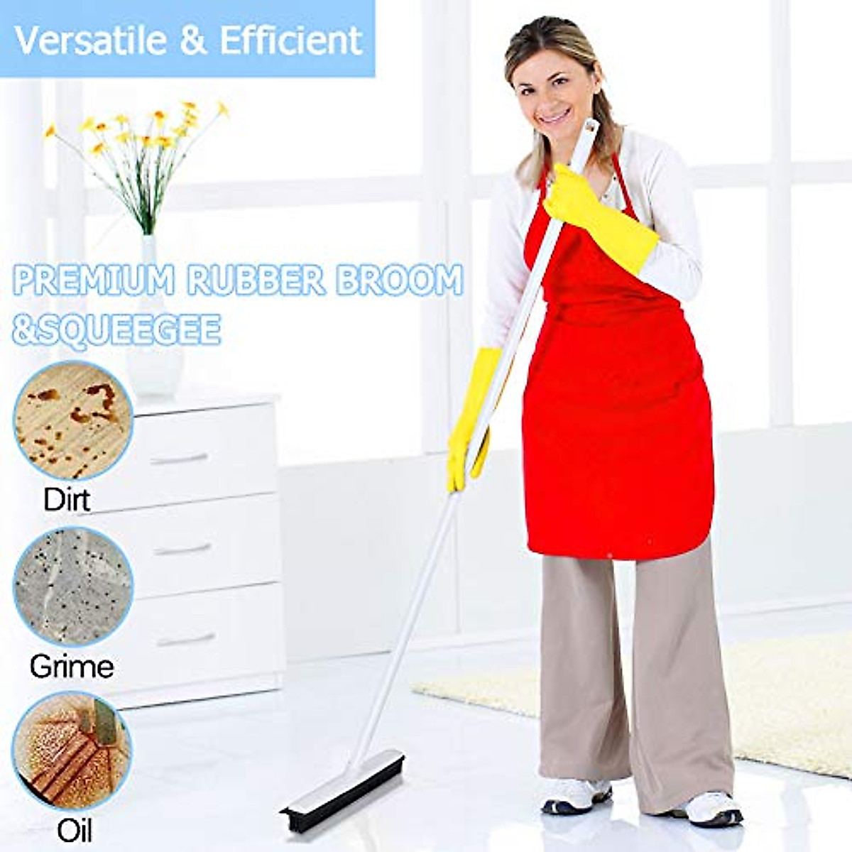 Push Broom, Soft Bristle Rubber Sweeper Squeegee Edge with 60 inches Adjustable Long Handle, Non Scratch Bristle Broom for Pet Dog Hair Carpet Hardwood Floor Tile Windows Cleaning (White)