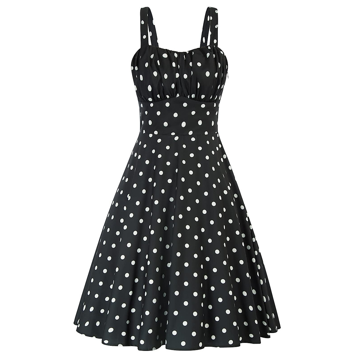 Vintage Dress for Women 1950s Summer Spaghetti Strap Ruched A-Line Flowy Swing Dress Black Polka Dot Dress L