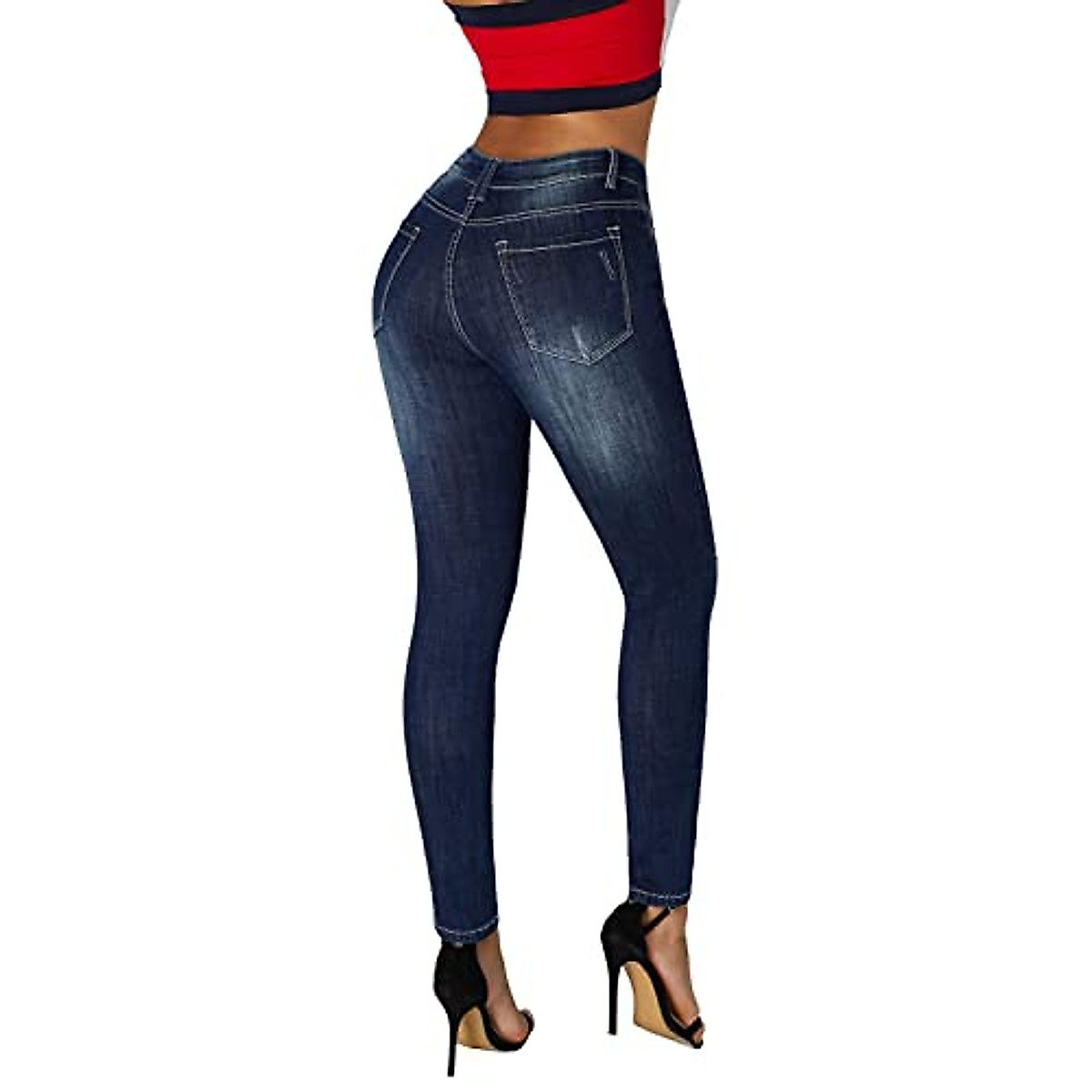 roswear Women's Ripped Mid Rise Destroyed Skinny Jeans Slate Blue XX-Large