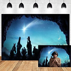 Leyiyi 10x8ft Merry Christmas Jesus Christ Nativity Backdrop Santa Marria Joseph Stone Cave Camels Donkey Cold Night Photography Background Baptism Happy New Year Photo Studio Prop Vinyl Wallpaper