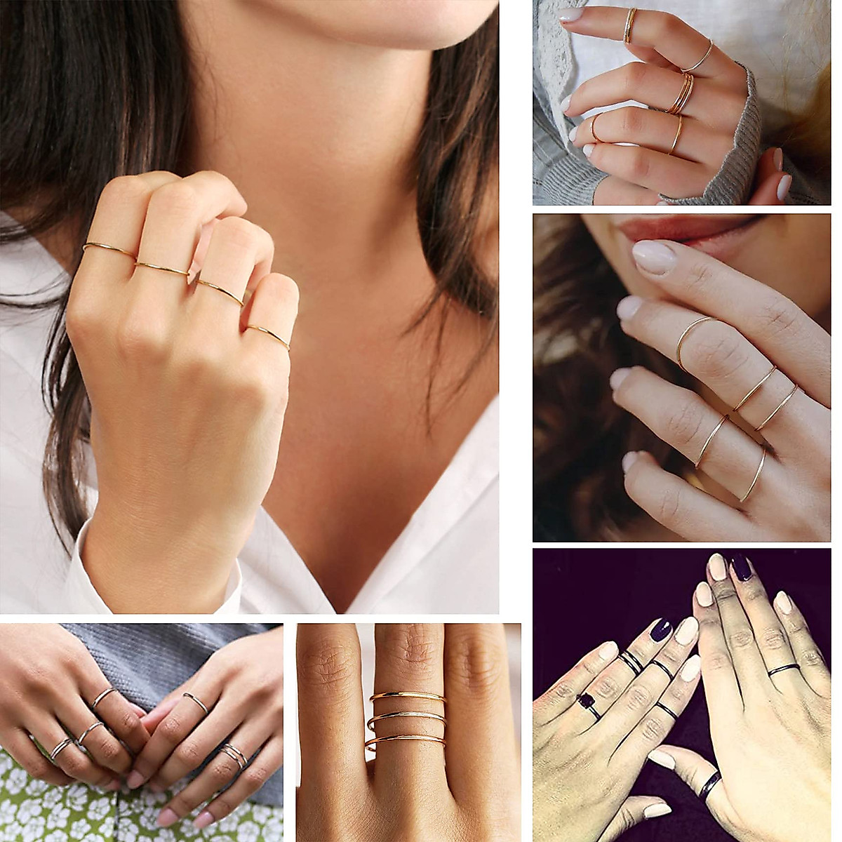 Bestyle Stackable Black Rings Set for Women, Polisded Black Gun Plated Size 6 Band Layered Rings Comfort Fit Finger Rings