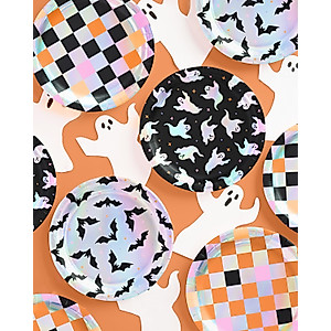 xo, Fetti Halloween Plates - 24 pcs | Halloween Tablescape, Spooky Season Setting, Haunted House Party, Checkered Kids Table Decor