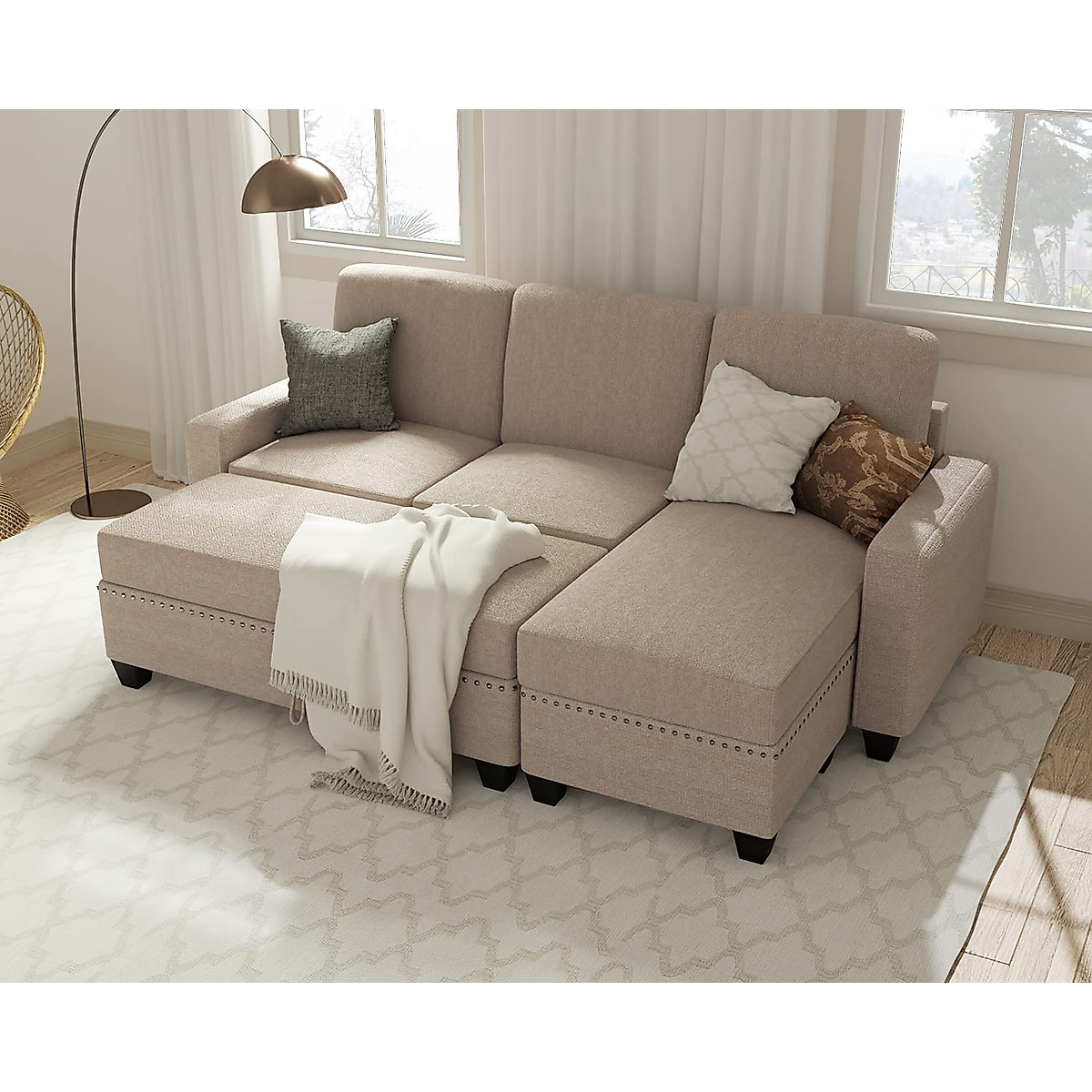 Ucloveria 81" Reversible Couch with Storage Chaise L-Shaped Apartment, Sectional Ottoman,Nailhead Textured Linen Fabric 3 Pieces Sofa Set,Warm Grey