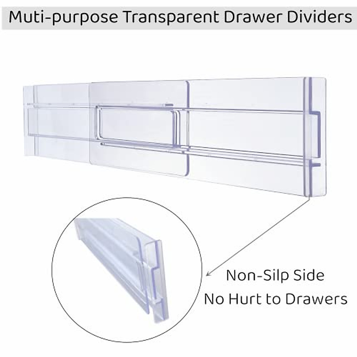 KIKILIE 4 Pack Transparent Drawer Dividers Organizer,Expandable 11-19 Dresser Drawer Divider - Multi-purpose Clear Drawer Organizers DD5250 DD5250