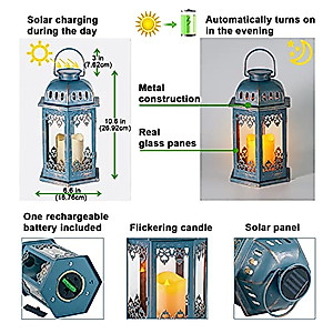 SteadyDoggie Solar Lanterns 2 Pack Blue - Hanging Solar Lights with Flickering Candle LED - Retro Ornate Hanging Solar Lantern with Handle
