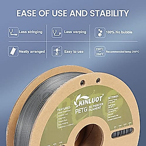 KINLUOT PETG Filament 1.75mm 3D Printer Filament Grey PETG, Easy to Print, Dimensional Accuracy +/- 0.03 mm, 1kg Cardboard Spool (2.2lbs), Fit Most FDM Printer (Gray)