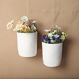 JJSQYLAN Hanging Basket(2Piece) Wall Woven Cotton Rope Storage Basket with Leather Decorative Baskets Organizer for Kitchen Office Bedroom,Plants,Towels, Toys