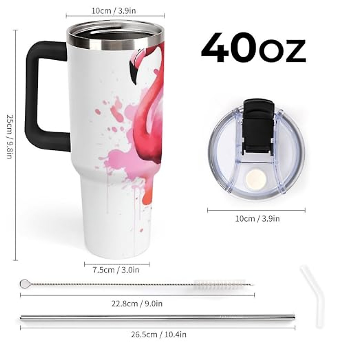 YTLKGFP 40 Oz Large Capacity Car Cup Flamingo Watercolor Tumbler with Handle (Black) Straw Lid Insulated Stainless Steel Water Bottle Travel Mug Leak-proof Car Cup Keeps Cold Or Hot