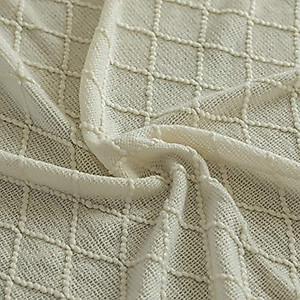 Decorative Diamond Pattern Knit Throw Blanket with Fringe, White