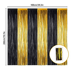 2Pack Foil Fringe Curtains,3.28 X 6.5ft Streamers Backdrop, Fringe Backdrop Tinsel Curtains for Christmas Halloween Party Photo Backdrop Wedding Decor Birthday (Black&Gold, 3.28 X 6.5ft)