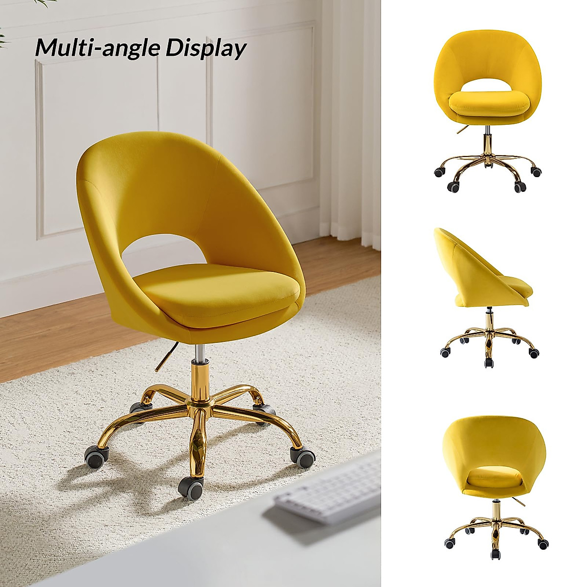 TINA'S HOME Modern Velvet Office Chair with with Adjustable Swivel, Comfy Upholstered Desk Chair with Open Back, Small Cute Chair for Living Room Study Vanity, Yellow