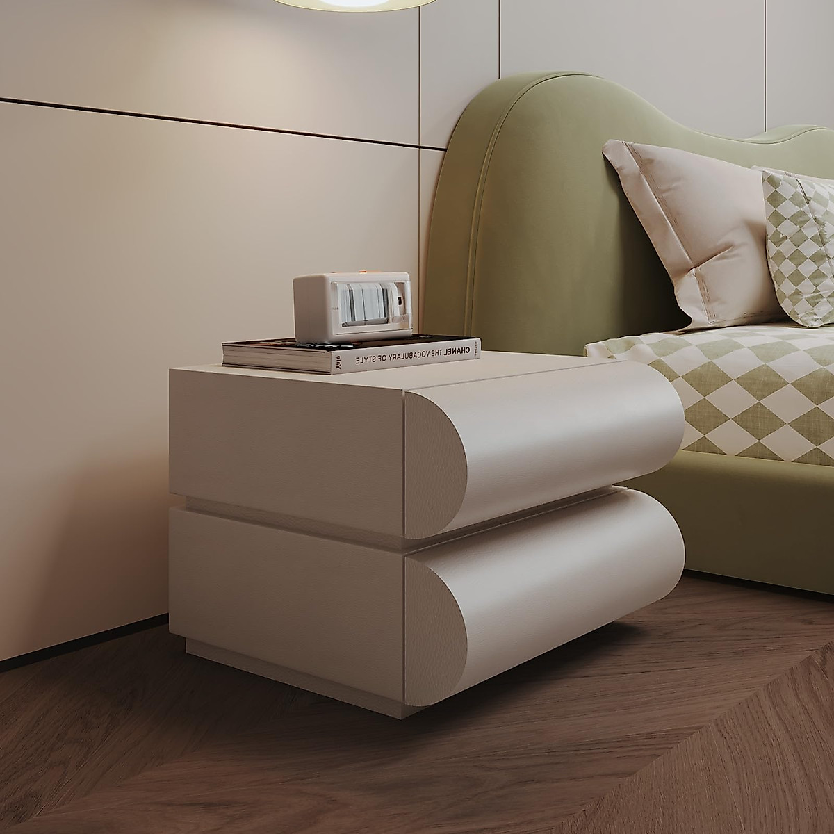 HIMAmonkey Nightstand with 2 Drawer, Bedside Table with Microfibre Leather, Fashion Night Stand for Bedroom, No Assembly Required-White