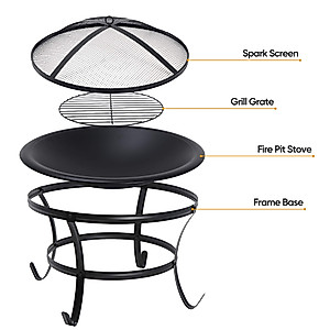 ZENY Fire Pit 22’’ Outdoor Fire Pits Wood Burning Patio Fire Bowl Firepit with BBQ Grill, Spark Screen and Fire Poker for Backyard Outside Camping Picnic Bonfires