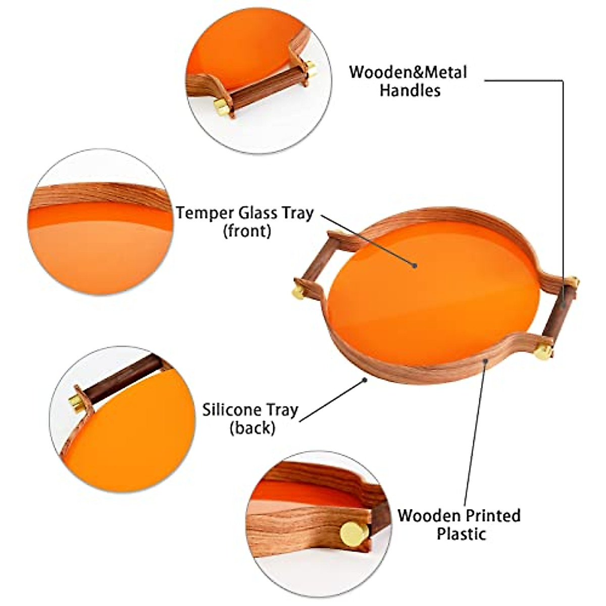 DalimFun Reversible Glass Serving Tray with Wooden Handles for Coffee Table, Vanity, Jewerly, Perfume and Make up Decorative Tray, Orange