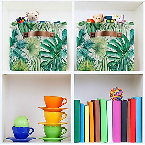 Palm Leaves Storage Basket Bin Summer Palm Tree Large Fabric Toys Storage Cube Box with Handles Collapsible Closet Shelf Cloth Organizer Basket for Nursery Bedroom