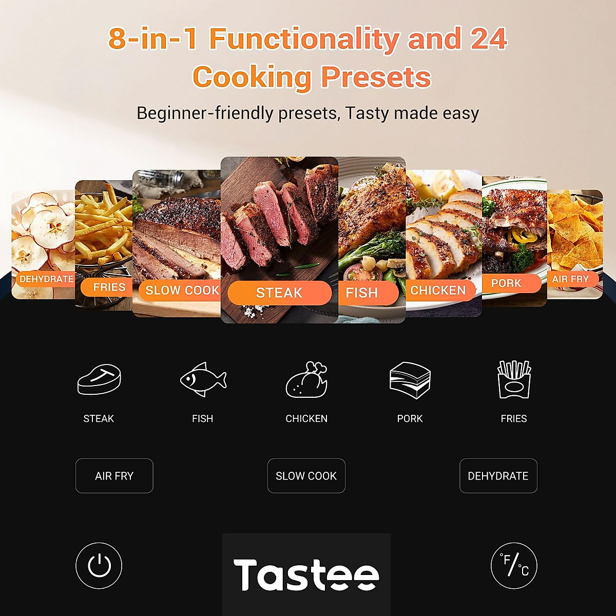 Tastee Air Fryer, 8-in-1 Compact 5.5QT AirFryers, 450°F Digital Airfryer Dehydrator with Dual-sensor Smart Probe, 24 Presets One-touch Cooking, In-app Recipes with Window, Dishwasher-safe & Non-stick
