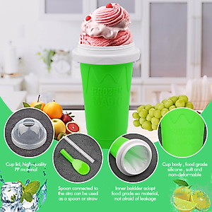 Slushy Maker Cup - DIY Magic Slushy Maker Squeeze Cup, Portable Smoothie Squeeze Cup for Juices, Milk and Ice Cream Make, Double Layers Silicone Slushie Cup with Straw for Friends,Family Gifts (green)