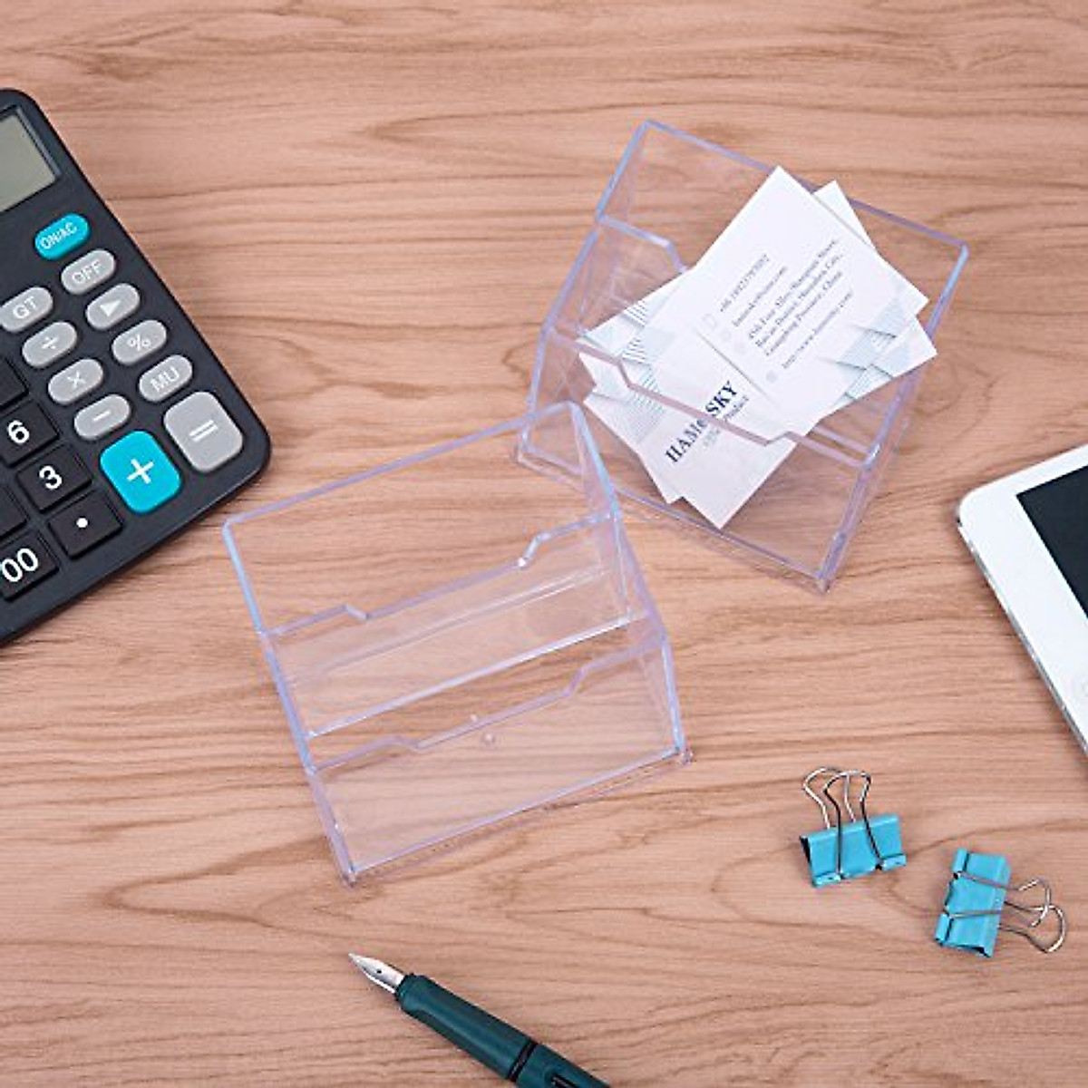 Hamosky Business Card Case Holder, 2 Tier Clear Business Card Holder Display, Plastic Business Card Stand Business Card Organizer for Office(1 Pack)