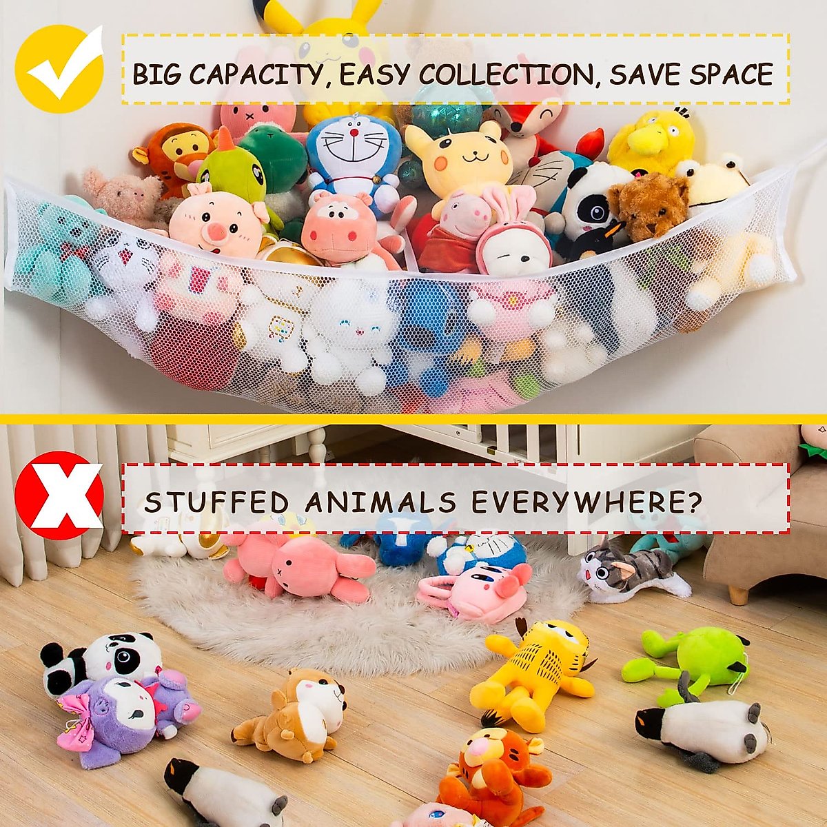 X-Large Stuffed Animal Net Hammock Corner (Min 3’6” Right-angled Corner Space Each Side) Toy Organizer for Plushies Hanging Holder for Organizing your Teddy and Squishmallow (White, X-Large)