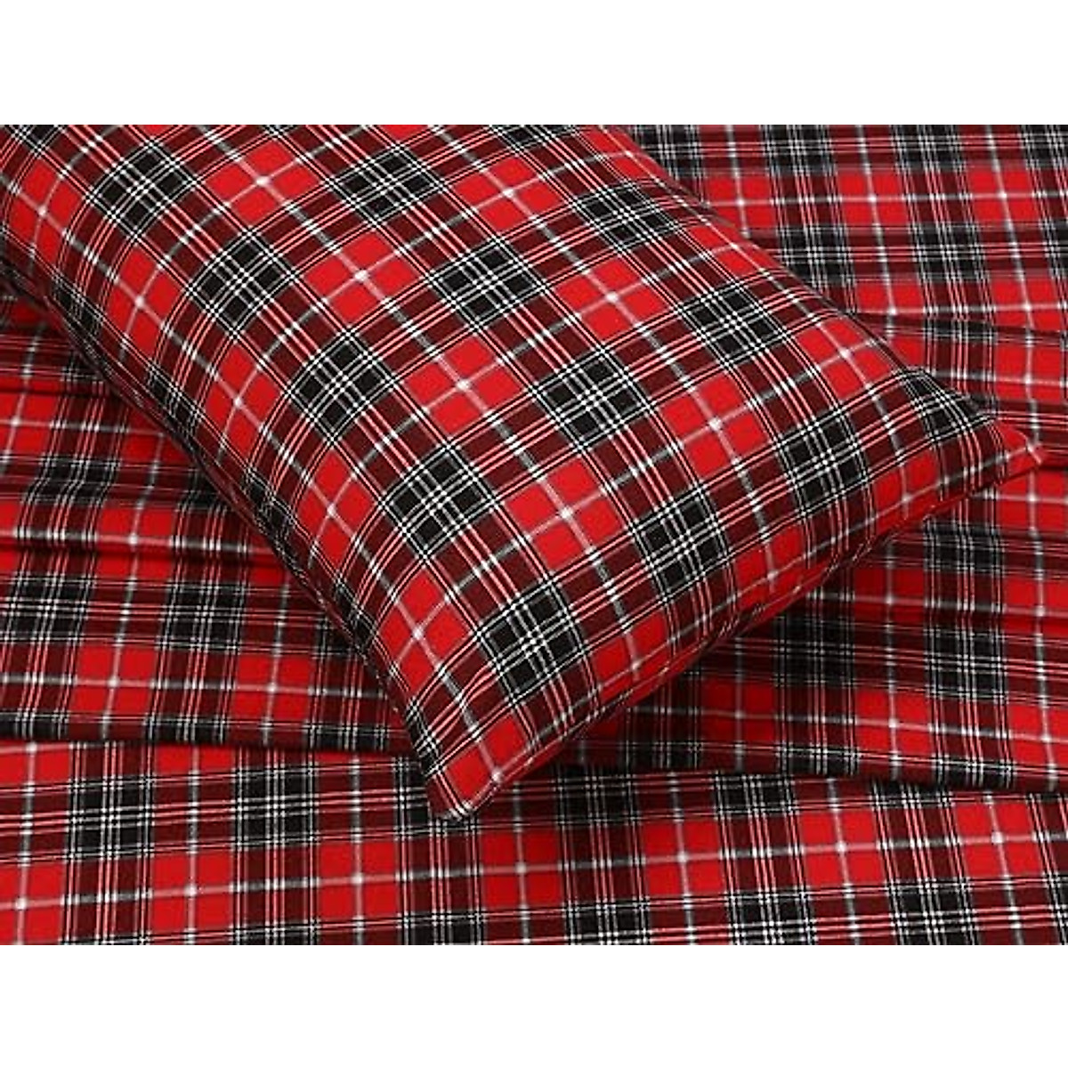 RUVANTI Flannel Sheets Queen Size - 100% Cotton Brushed Flannel Bed Sheet Sets - Deep Pockets 16 Inches (fits up to 18") - All Seasons Breathable & Super Soft - Warm & Cozy - 4 Pcs - Red Plaid