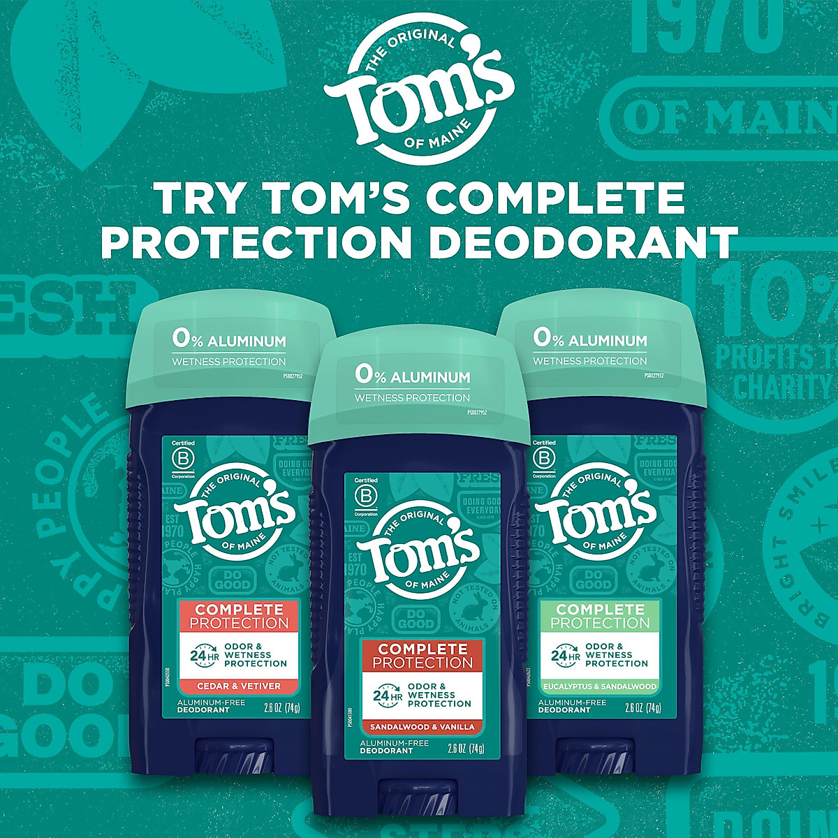 Tom's of Maine Complete Protection Aluminum-Free Natural Deodorant for Men, Sandalwood & Vanilla, 2.6 oz