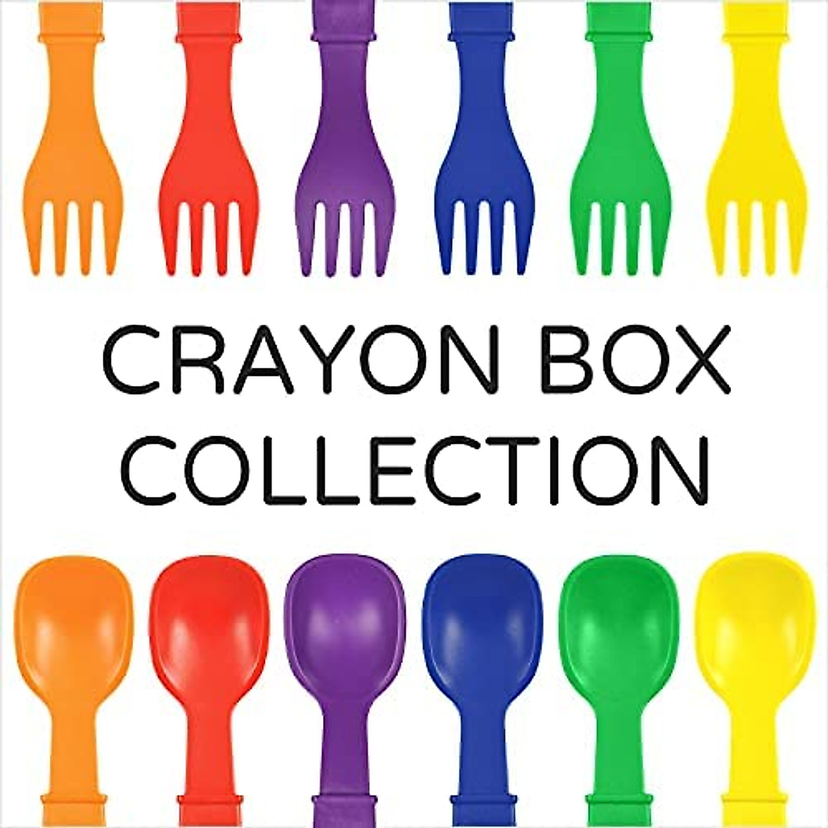 Re Play Made in USA 12pk Fork and Spoon Utensil Set for Baby & Toddler Feeding in Yellow, Red, Navy, Amethyst, Green & Orange -BPA Free- Made of Eco Friendly Recycled Milk Jugs- Crayon Box