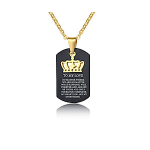 LF TO MY LOVE Necklace,Stainless Steel Personalized Name Date Customize His Queen Her King Crown Couple Dog Tag Necklace Sentimental Motivational Message Pendant for Valentine,Free Engraving