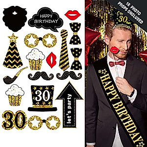30th birthday decorations for him - (76pack) black gold party Banner, Pennant, Hanging Swirl, birthday balloons, Tablecloths, cupcake Topper, Crown, plates, Photo Props, Birthday Sash for men gifts
