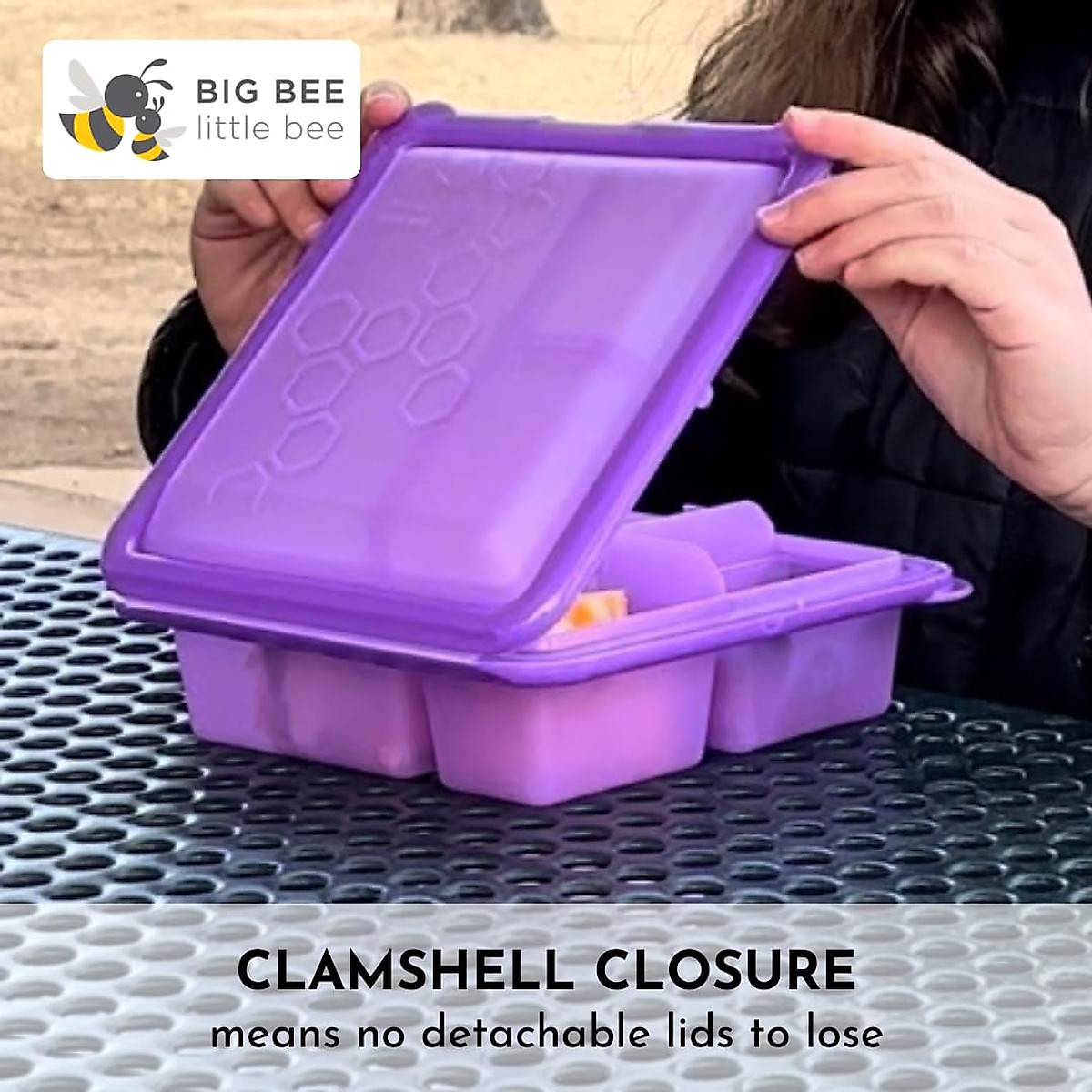 Big Bee, Little Bee - SoftShell Luncher Reusable Silicone Food Storage Container with Connected Clamshell Lid, Bento Style, Easy to Clean, Snaps Closed, Microwave, Freezer & Dishwasher Safe (Grape)