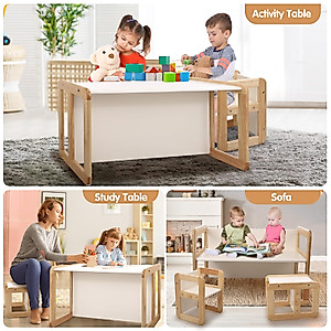wingyz Kids Table and Chair Set, 3 in 1 Wooden Activity Table for Toddlers Play Study Dining Drawing Arts Crafts, Multi-Purpose Montessori Childrens Table and Chair Set Gifts for Boys and Girls