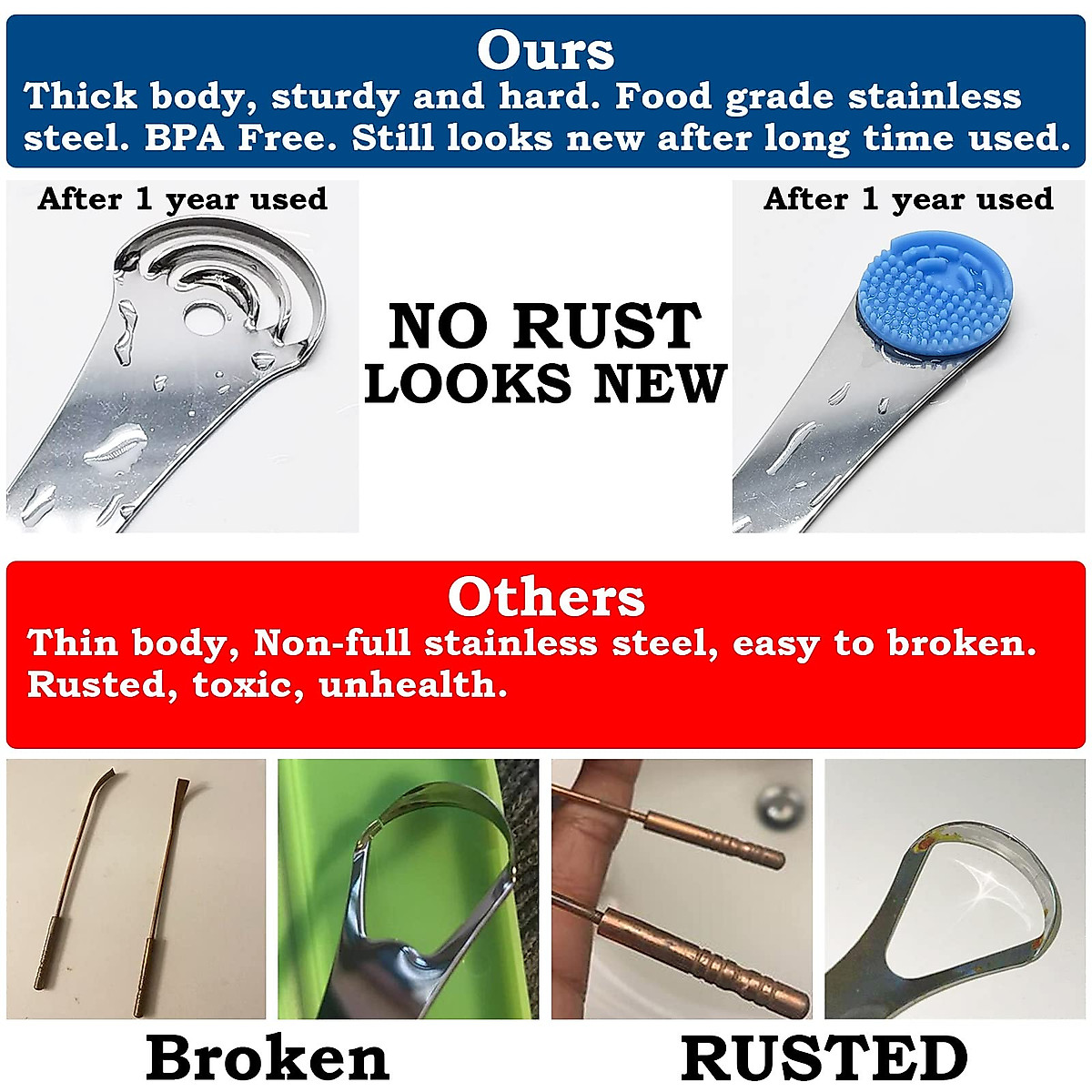 MOOSEC Tongue Scraper for Adults&Kids, Durable Food Grade 2 in 1 Silicone Tongue Brush and 100% Stainless Steel Tongue Scrapers, Reduce Bad Breath