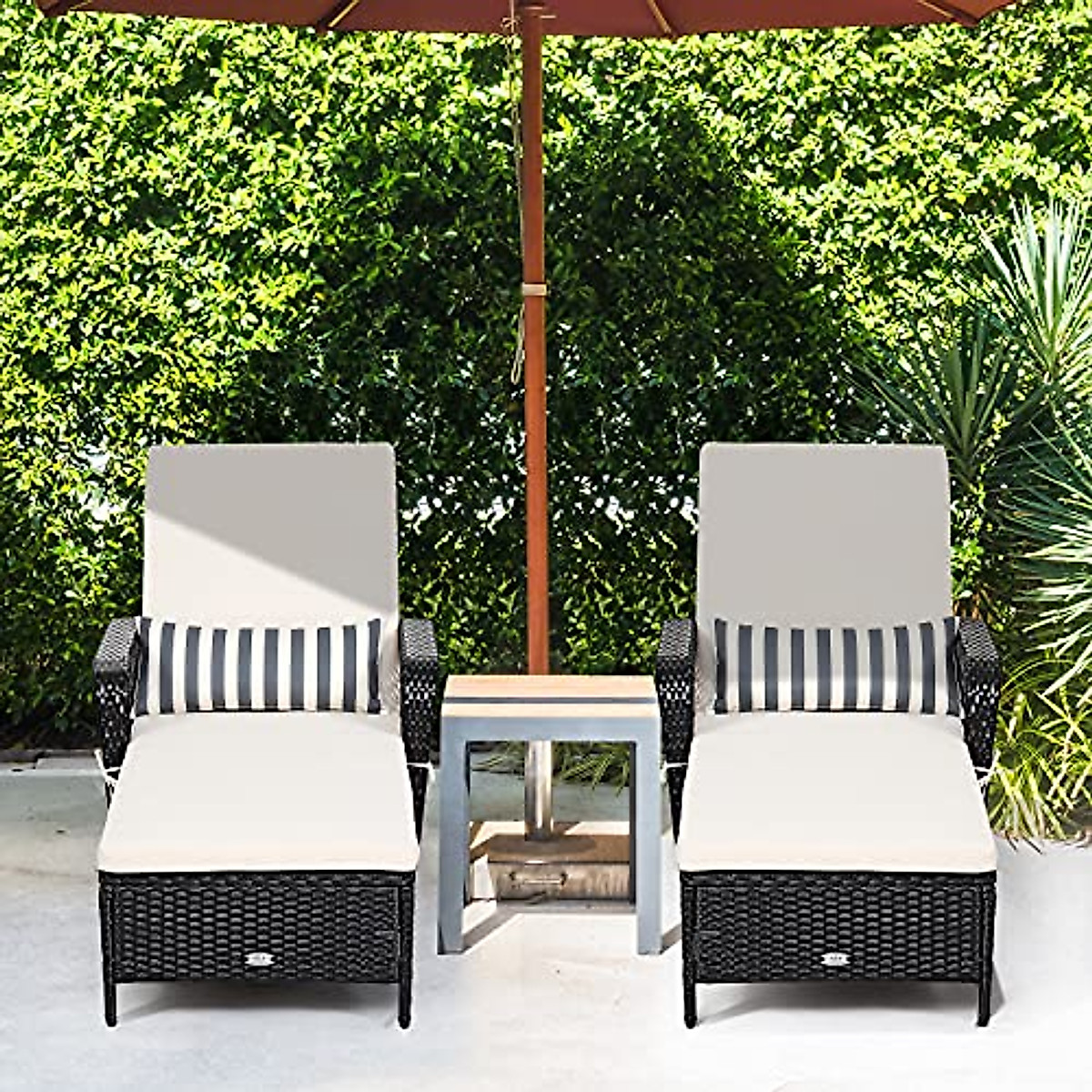 Tangkula Patio Wicker Chaise Lounge Chair, Outdoor Rattan Reclining Chaise w/ 6-Gear Adjustable Backrest, Thick Padded Cushion & Removable Lumbar Pillow, Ideal for Lawn, Beach, Balcony (Black)